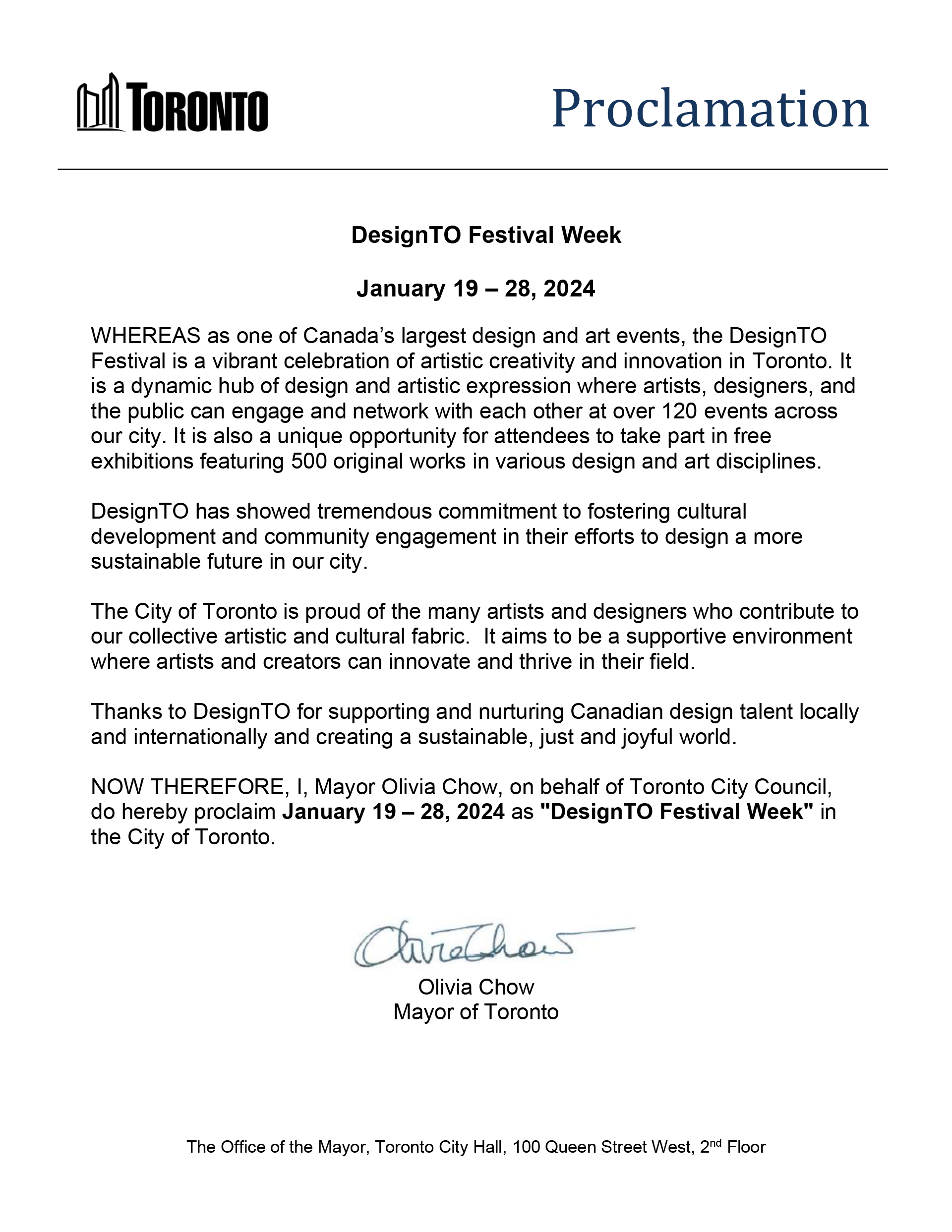 A Message from Toronto Mayor Olivia Chow - DesignTO
